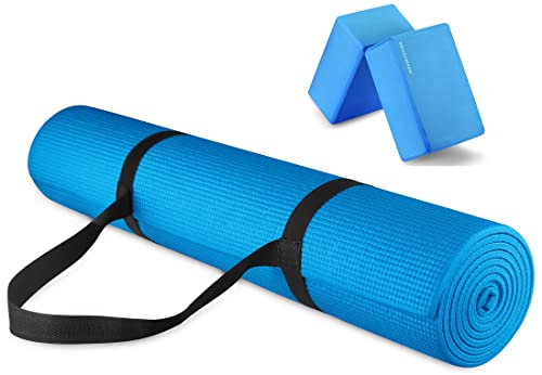 Fitvids All Purpose 0.25 Inch Thick High Density No Tear Exercise Yoga Mat with Strap & Lightweight Features for Indoor & Outdoor Use, Blue
