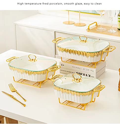 Rectangular Porcelain Casserole Warming Trays for Food, Ceramics Chafers, and Buffet Warmers Sets, Gold Plating Serving Dishes (Large 2.4 quarts)