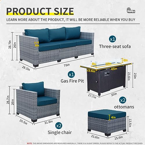 Lviden 6 Pieces Wicker Patio Furniture Sets Outdoor Conversation Set PE Rattan Sectional Sofa Couch with 45" Fire Pit Table and Peacock Blue Cushions