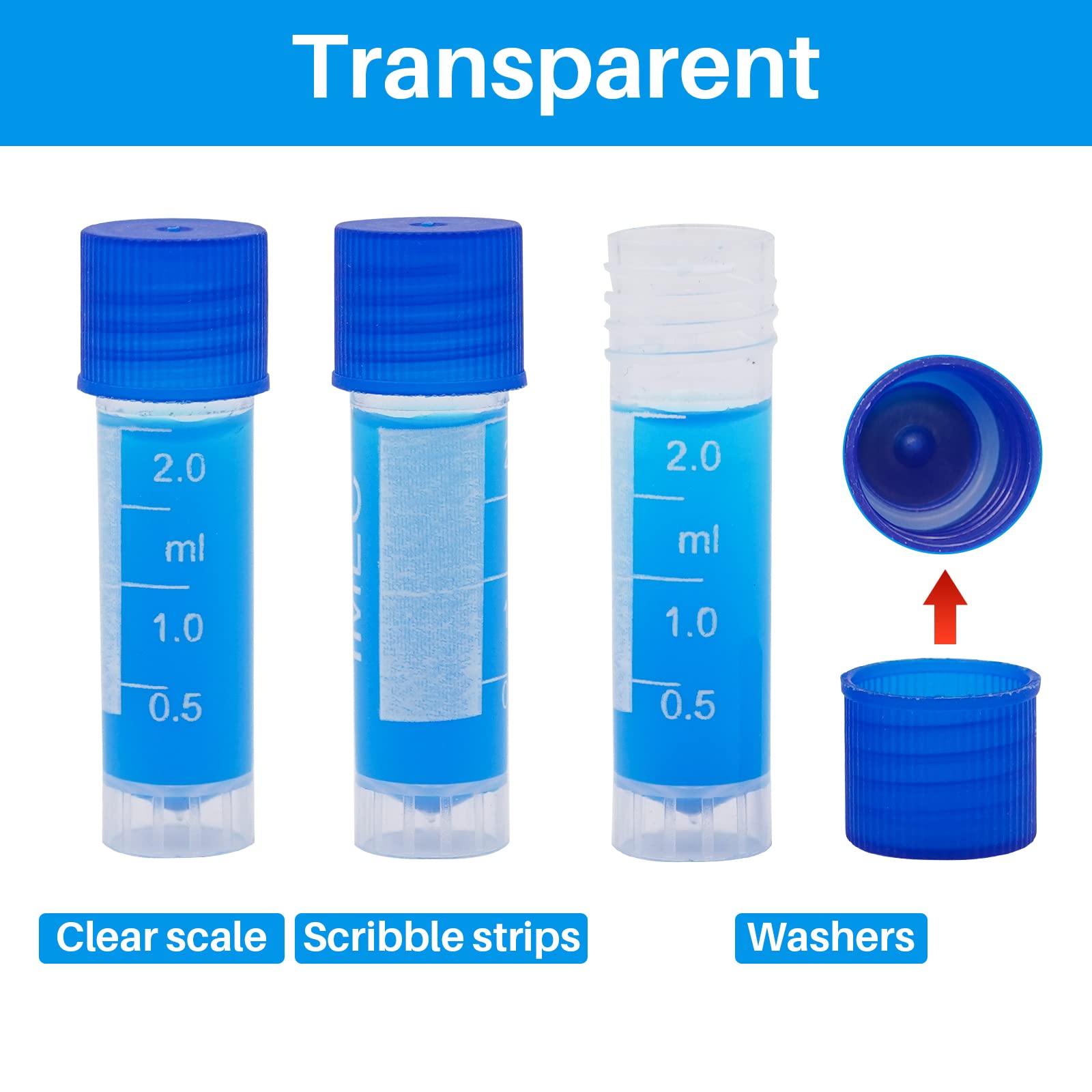 HHNIULI 2ml Graduated Plastic Vial Tube with Cap, 200 PCS Sample containers Plastic Vials Screw Cap Storage Tubes Plastic Test Tubes with Blue Screw Caps