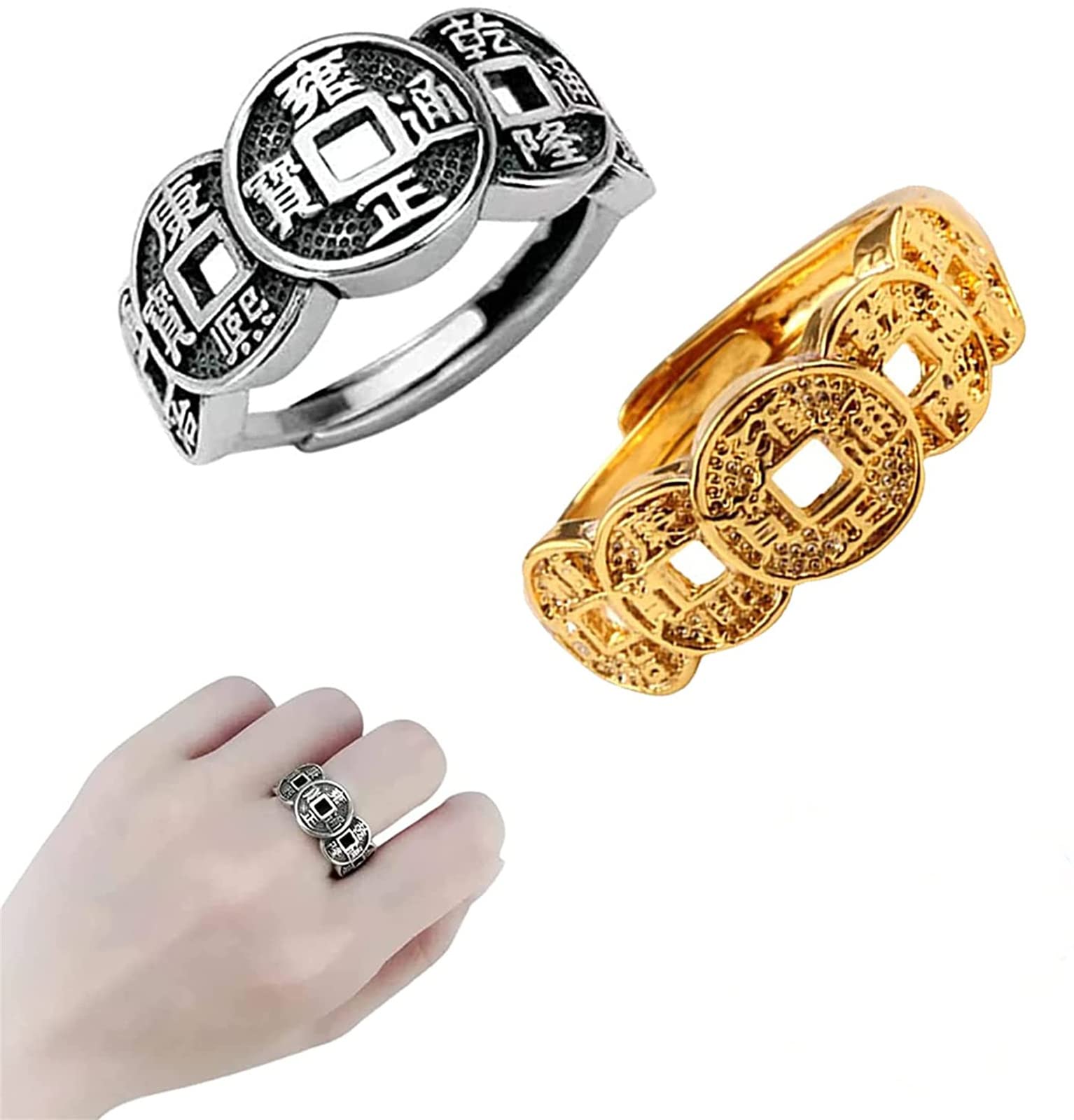 Five Emperor Coin Auspicious Ring,Retro Lucky Index Finger Ring Silver, Vintage Handmade Open Adjustable Ring Lucky Coin,Unisex Attract Wealth Money and Good Luck Ring (Silver)