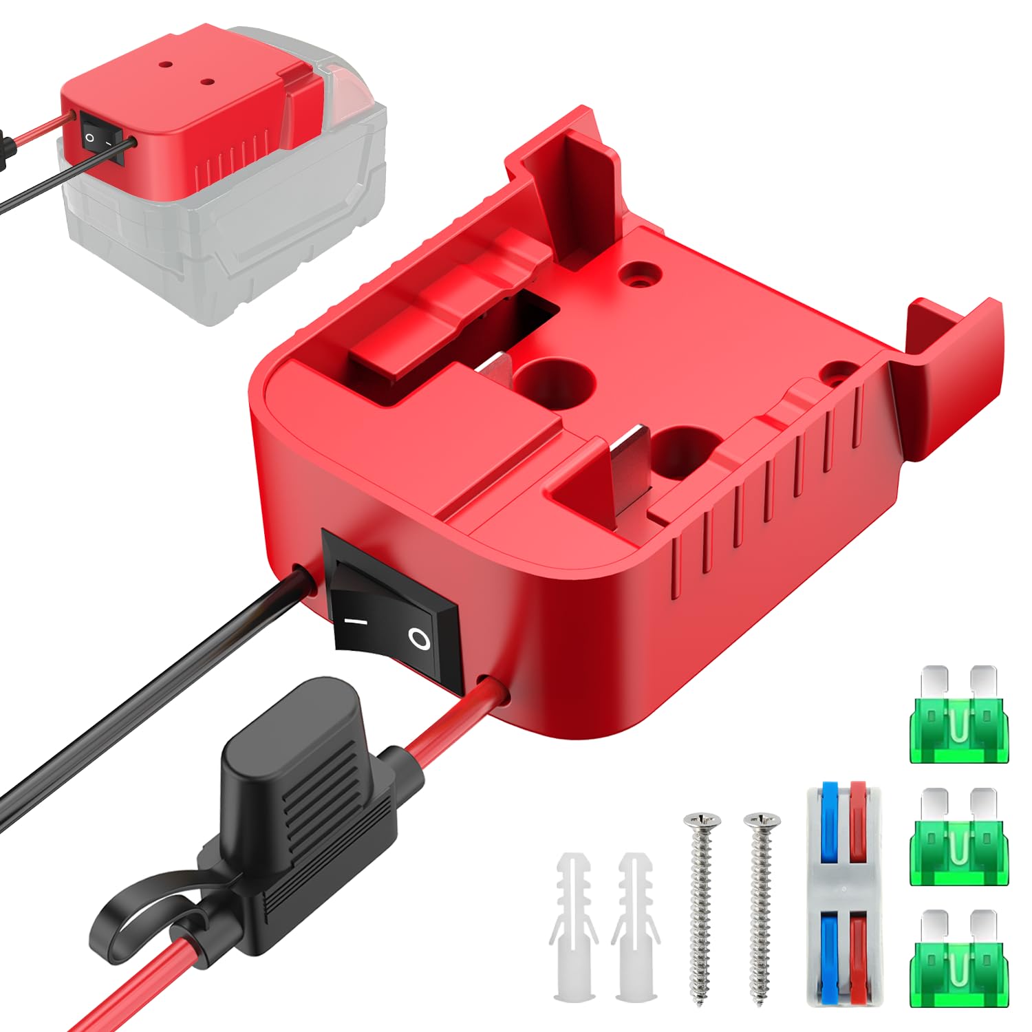 Kzreect Power Wheels Adapter for Milwaukee M18 Battery Adapter, 18V Power Wheels Battery Converter Kit with Fuses Holder and Switch, Wire Terminals, 12AWG Wire for DIY (1-Pack)