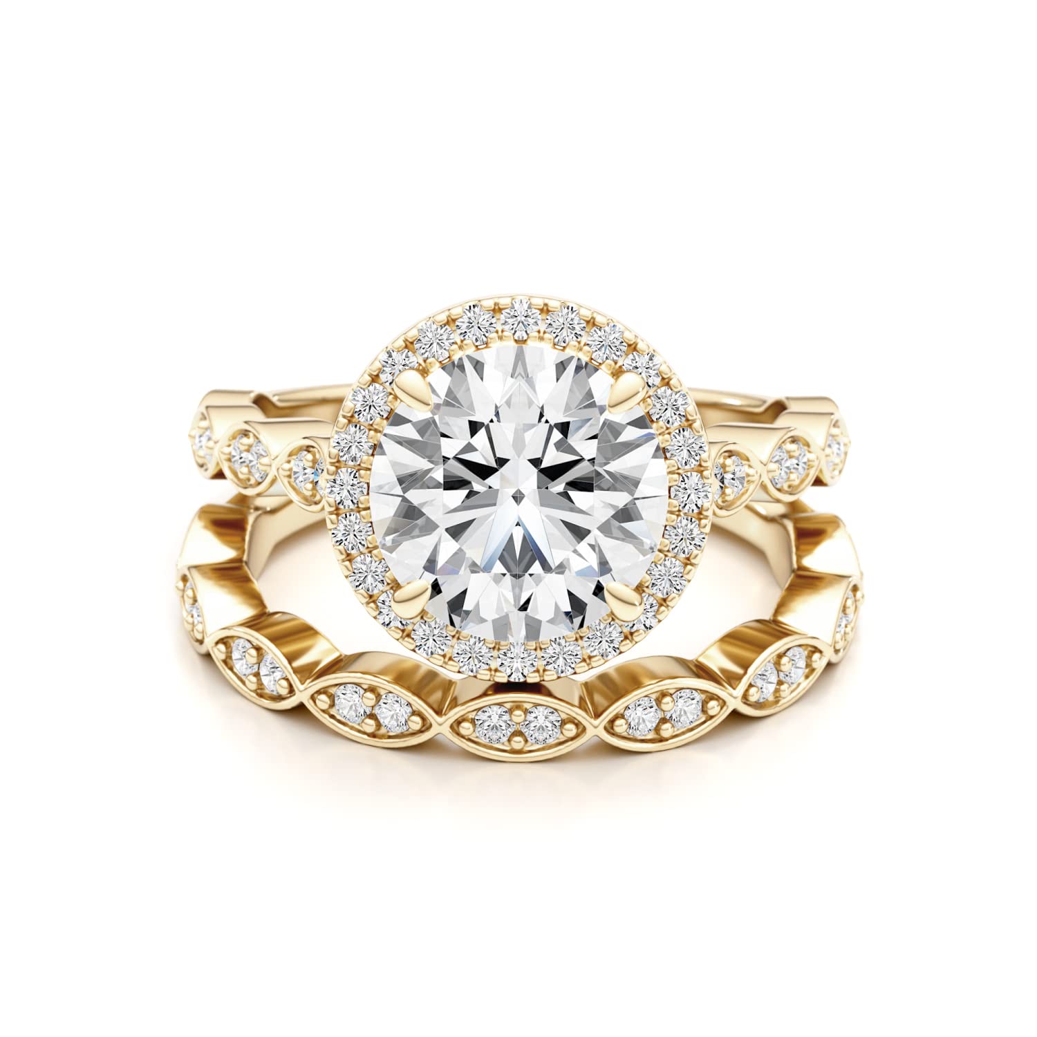 GLAM AND GEMS 3/4 Carat Lab Grown Diamond and 3 Carat Moissanite Wedding Band Ring Set for Women in 14k White or Yellow Gold (D-E, VS, cttw) Anniversary Promise Ring Size 4.5 to 11