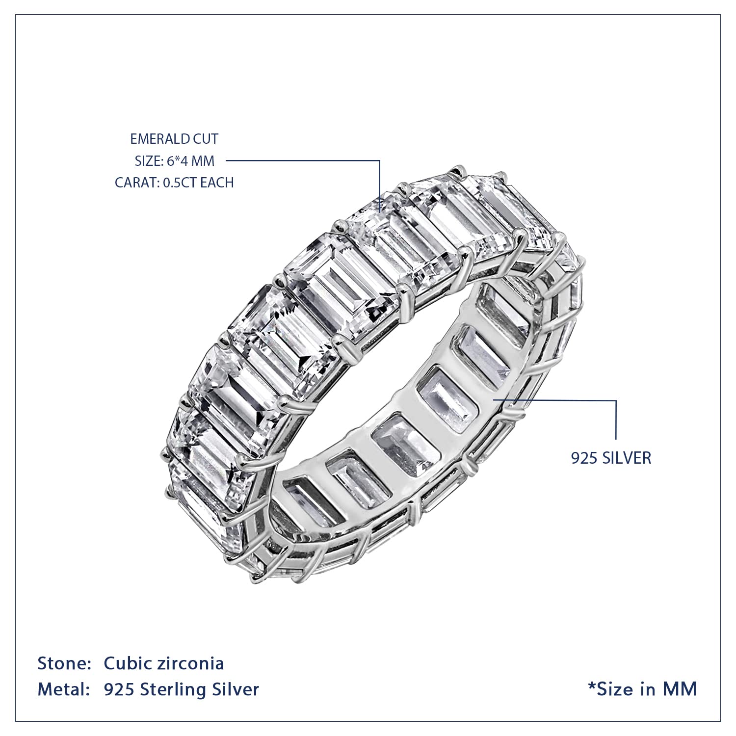 DIAMONBLISS Eternity Ring For Women 14K Yellow Gold, Rose Gold, Platinum Plated 925 Sterling Silver Infinity Band | 10.30 Carats Emerald Cut Cubic Zirconia CZ Simulated Diamond (White, 7)