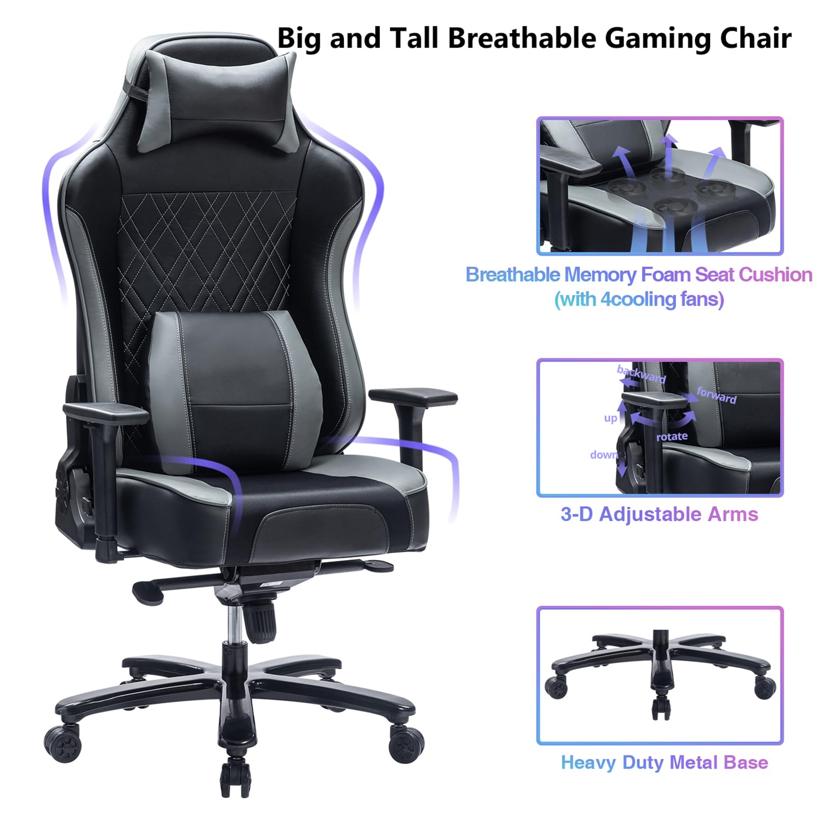 Fantasylab 400lb Gaming Chair Big and Tall Gaming Chair Breathable Computer Chair, 3-D Adjustable Armrest Air-Cooling System Heavy Duty Metal Base