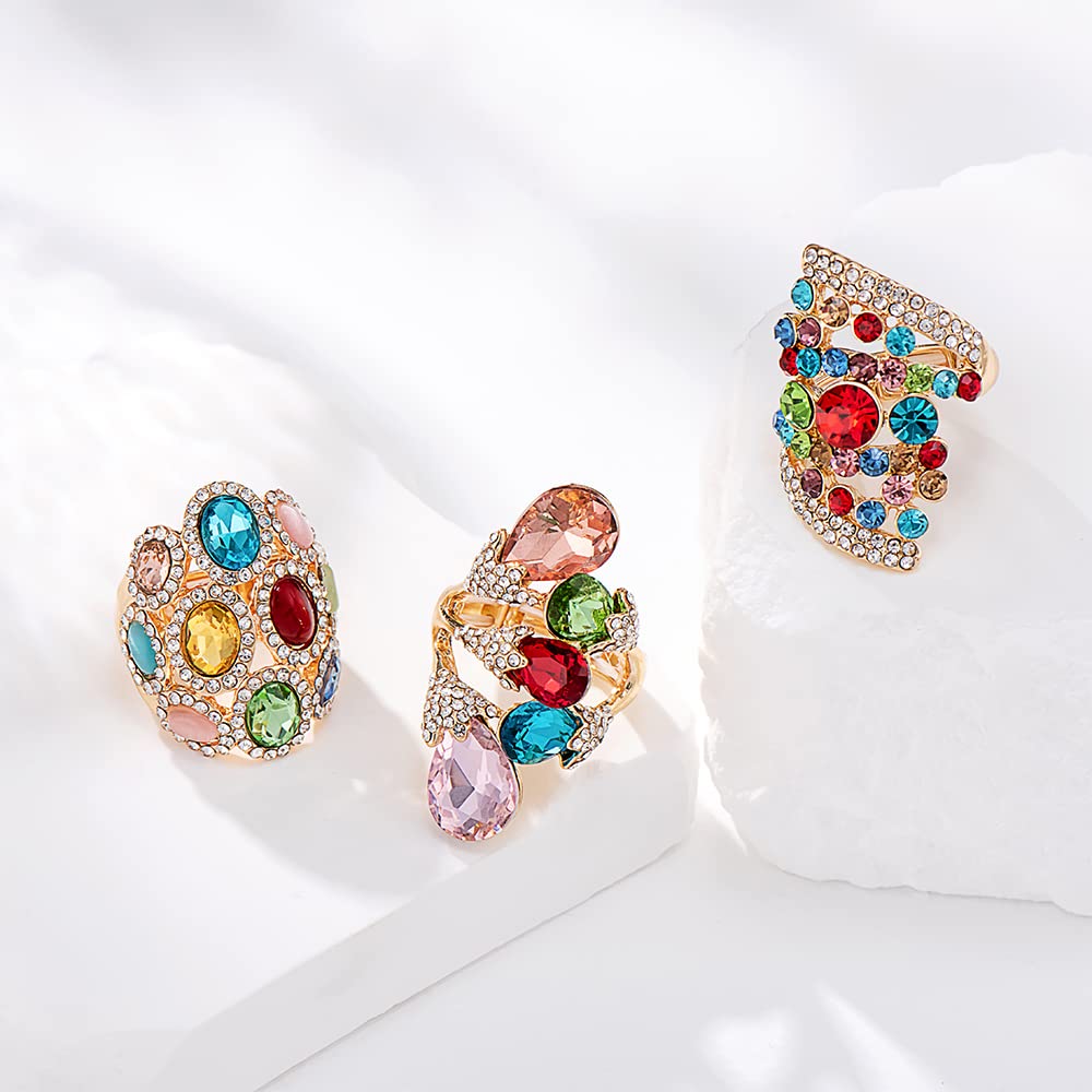 Ecesha 3 PCS/Set Gold Colorful Crystal Oval Teardrop Rhombus Cocktail Rings Set Irregular Geometric Stretch Rings for Women