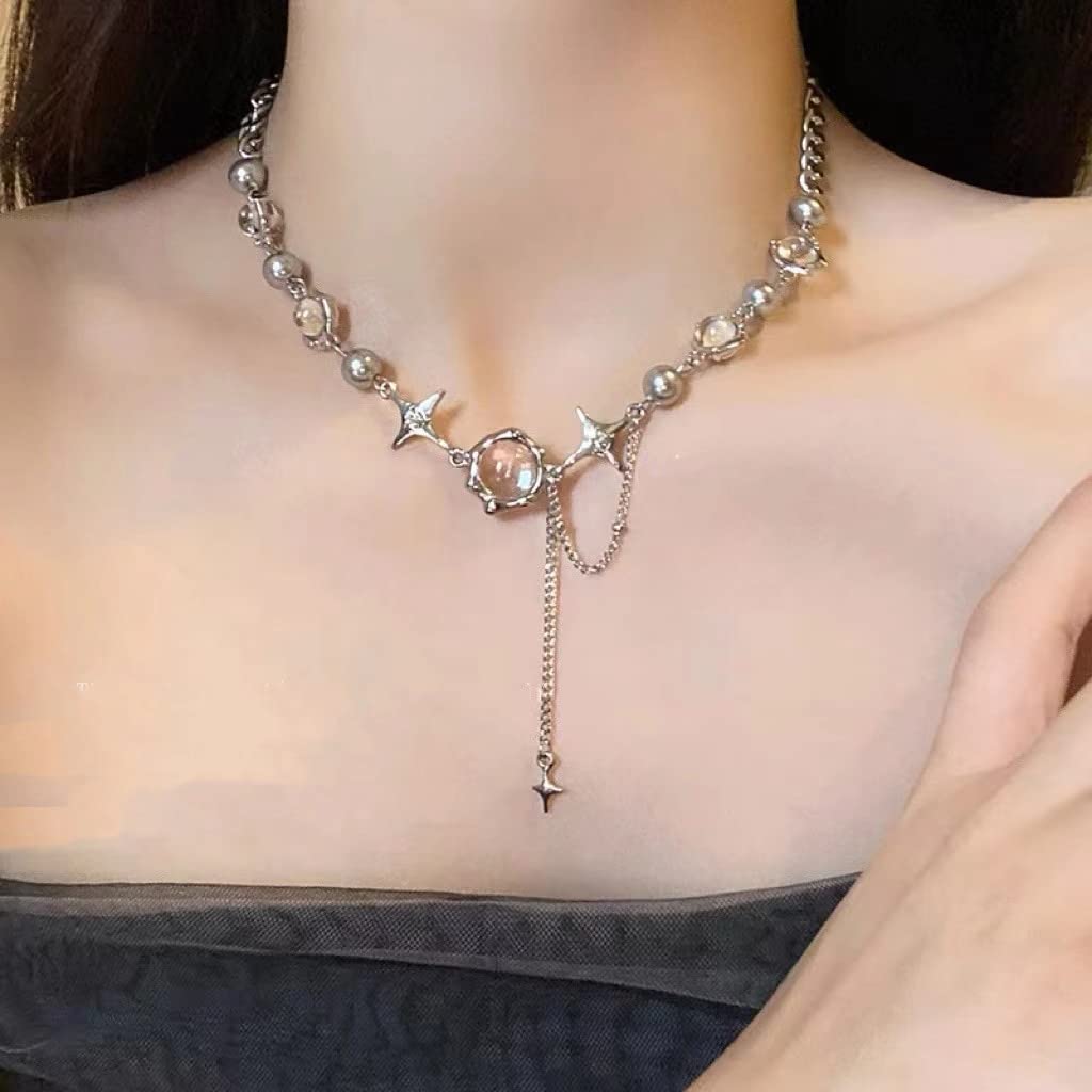 gothapy Y2k Star Moonstone Necklace Set Punk Irregular Agate Grunge Rings Gothic Downtown Girl Choker for Women Egirls