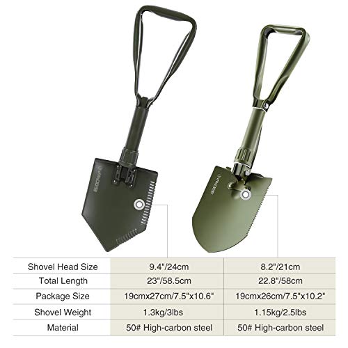 REDCAMP Military Folding Camping Shovel,High Carbon Steel Entrenching Tool Tri-fold Handle Shovel with Cover,Green 2.5lbs