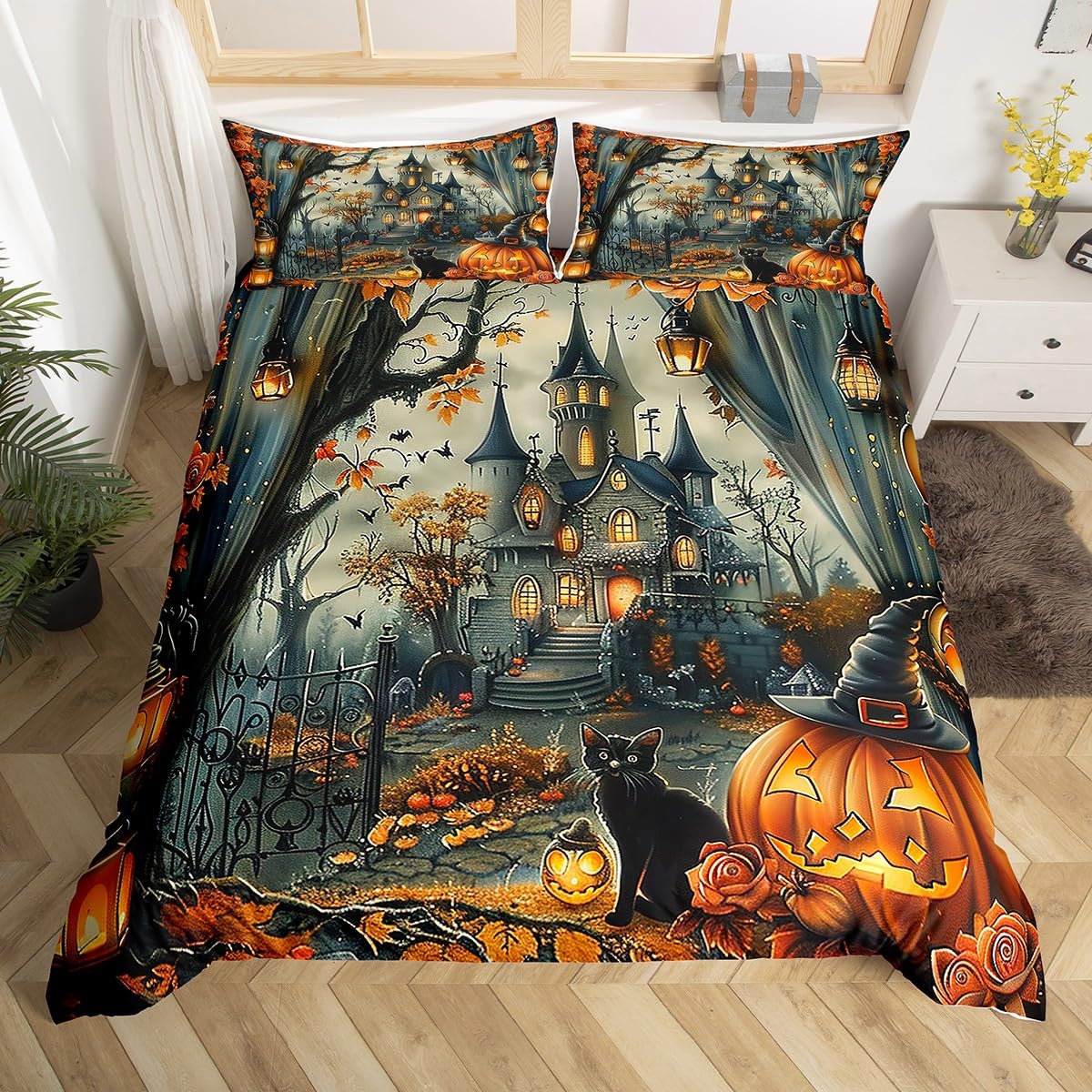 Manfei Halloween Duvet Cover Set Queen Size, Floral Pumpkin Black Print Bedding Set for Kids Boys Girls Room Decor, Black Castle Comforter Cover, Soft Polyester Quilt Cover,2 Pillowcases,No Comforter
