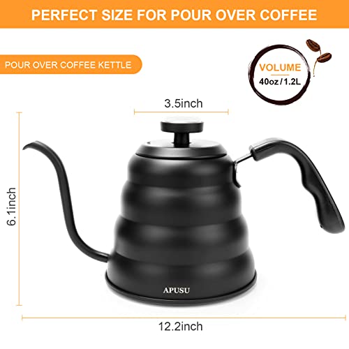 Pour Over Coffee Kettle - Black Gooseneck Kettle with Thermometer - Premium Stainless Steel Coffee Maker Tea Pot, Update Triple Layered Base for all Stovetops, 40 floz/1200ml