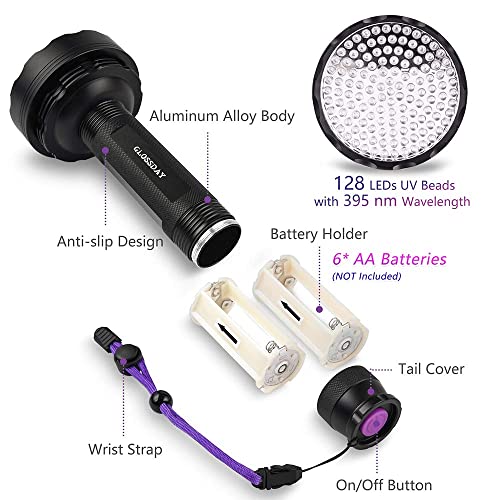 GLOSSDAY Blacklight Flashlight,128 LED UV Flashlights, Upgraded Bright Ultraviolet Flashlight Professional Black Light for Dog/Cat, Hunting Scorpions