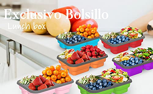Exclusivo Bolsillo Foldable Bento Lunch Box (6pcs) for Women Men With Spork & Lid BPA Free,Collapsible and Leakproof Space Saving Food Storage Containers with 3 Compartments(6 Color Pack)