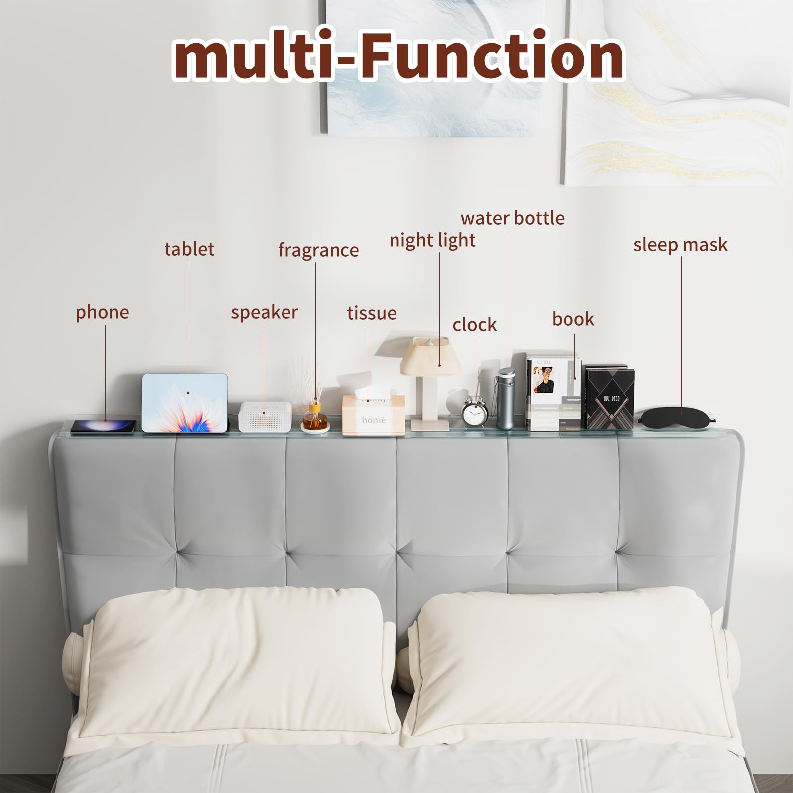 LUOLAO Clear Acrylic Floating Headboard Shelf Set of 4, Bed Caddy and Bedside Shelf Easily Expand Space, Bedside Storage Platform and Organizer for Dorm Room and Bunk Bed, Adhesive Shelf