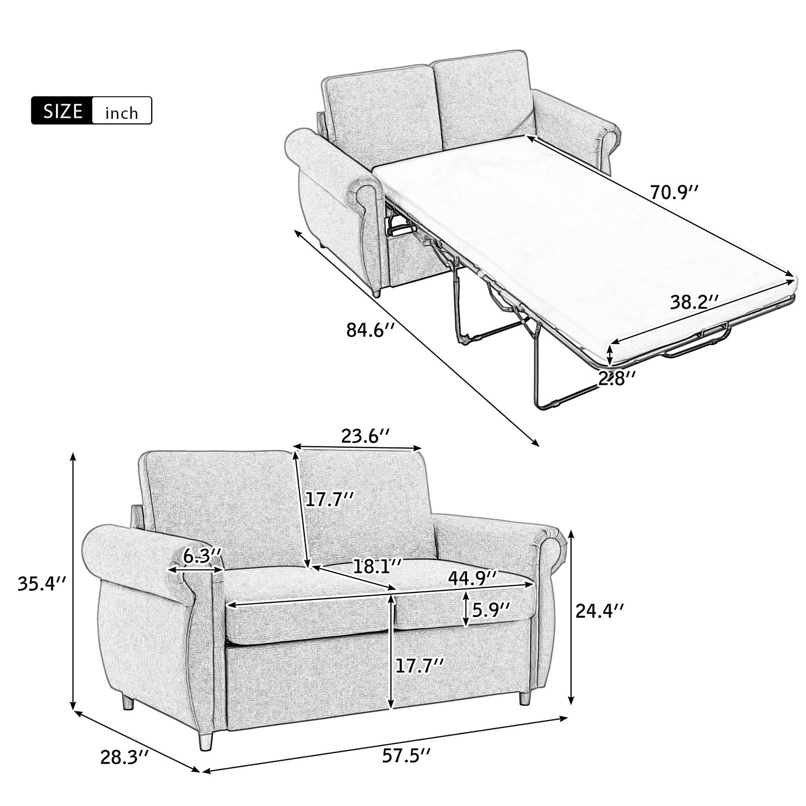 Luoyisimall Chaise Lounge Indoor Convertible Sofa Bed,57.5" Pull Out Futon Loveseat Sleeper w/Twin Size Memory Mattress,2-in-1 Sleeper Sofa Bed for Living Room,Apartment,Small Space (Gray)