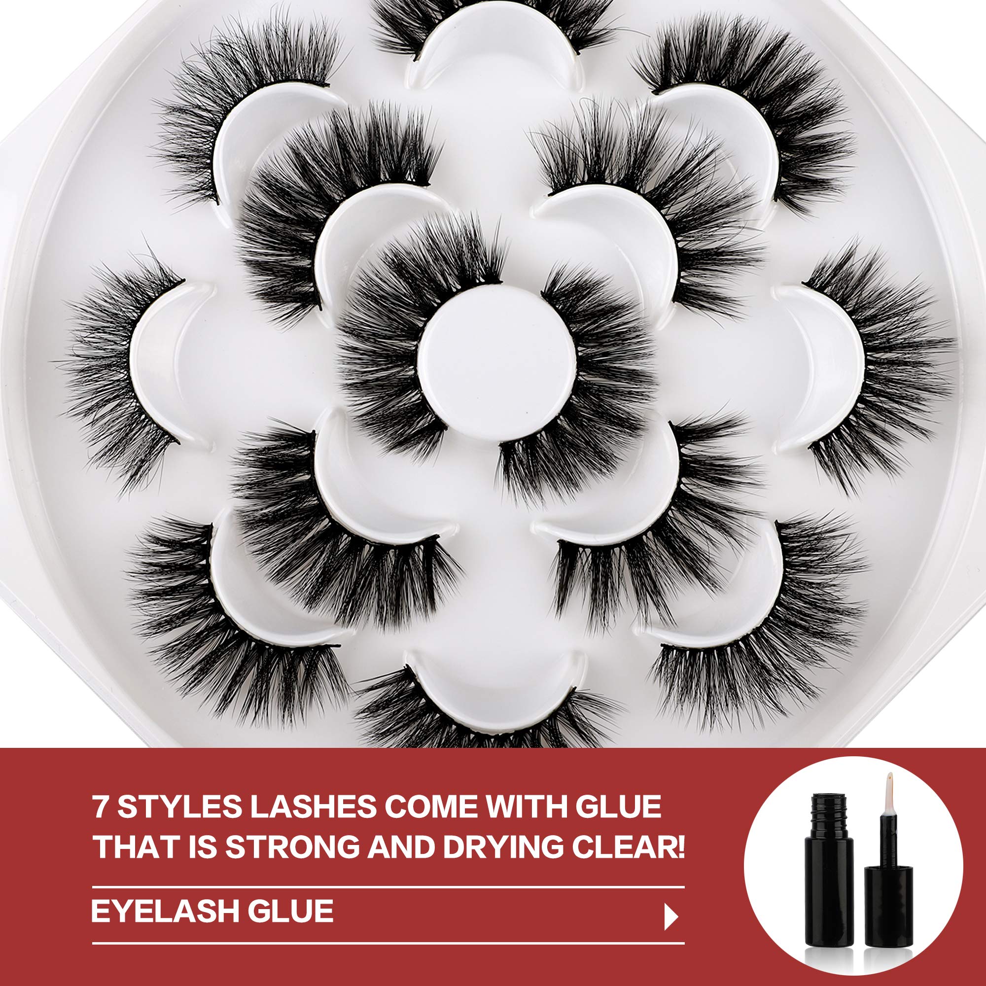 FANXITON Eyelashes Wispy Fluffy Faux Mink Lashes Fluffy 3D Effect Fake Lashes Volume Lashes 7 Different Styles False Eyelashes With Glue 7 Pairs Pack
