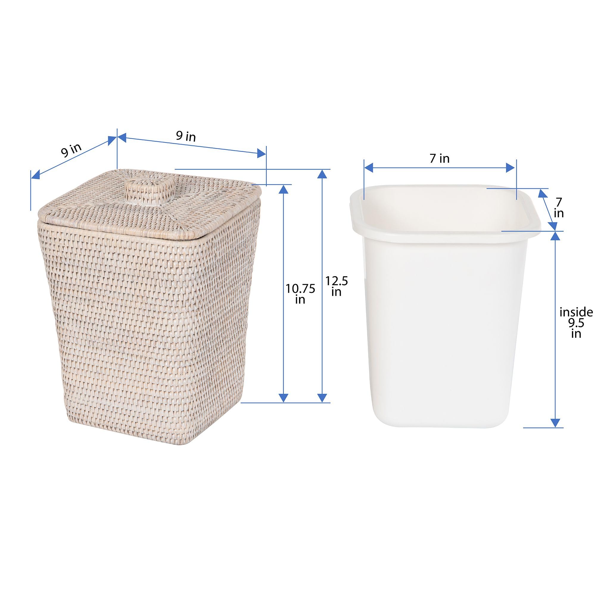 Kouboo Rattan Square Paper Waste Basket and Trash Bin with Lid and Plastic Insert, 2 Gallon Capcity, Honey-Brown