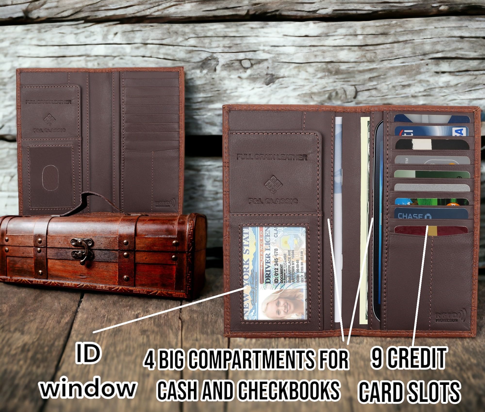 F&L CLASSIC Men's RFID Vintage Look Genuine Leather Long Bifold Wallet Checkbook Wallets,buffalo vintage leather,240 light brown