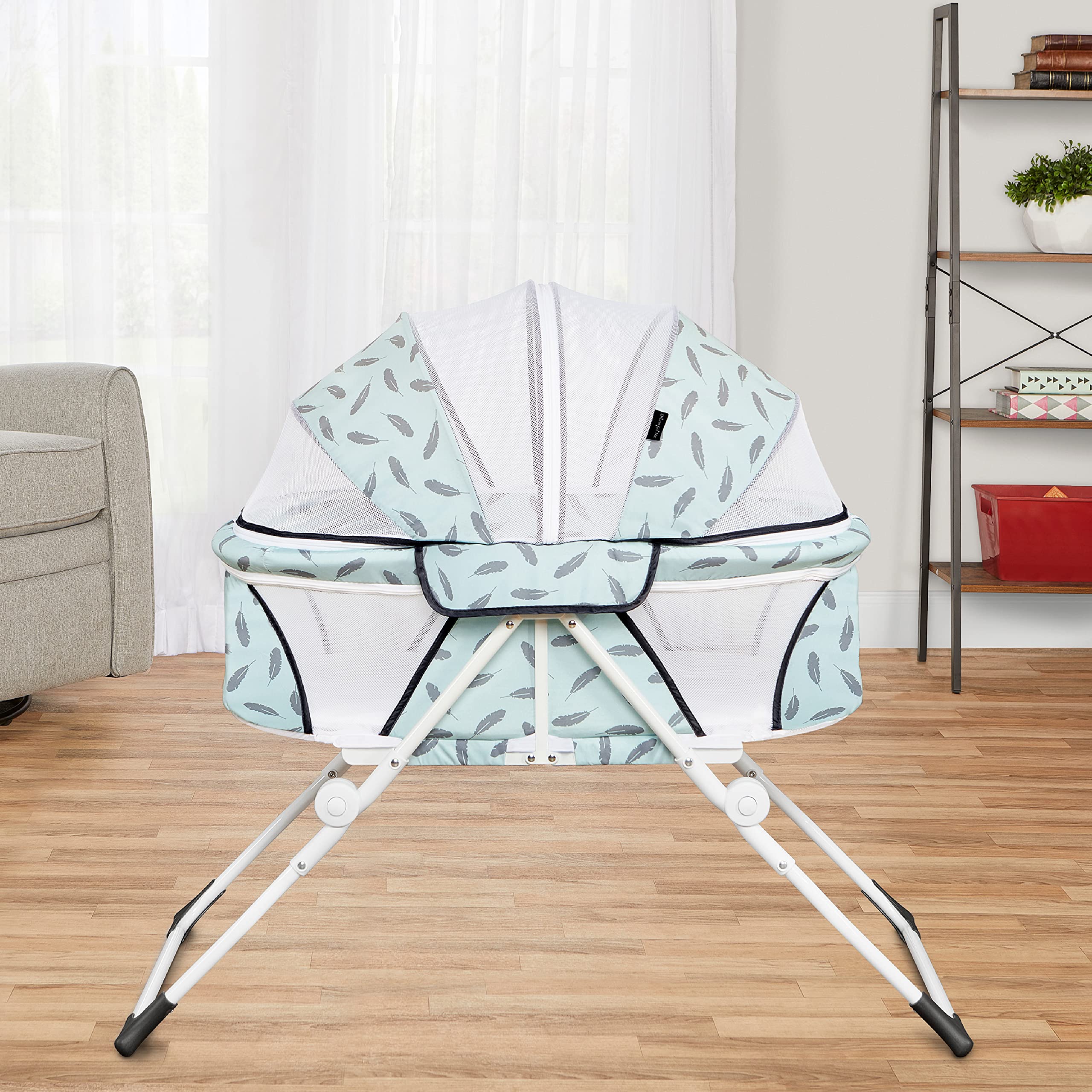 Dream On Me Karley Plus Baby Bassinet, Lightweight Compact Portable Bassinet, Easy and Quick Fold with Removable Double Canopy, Breathable Mesh Design, Ice Black