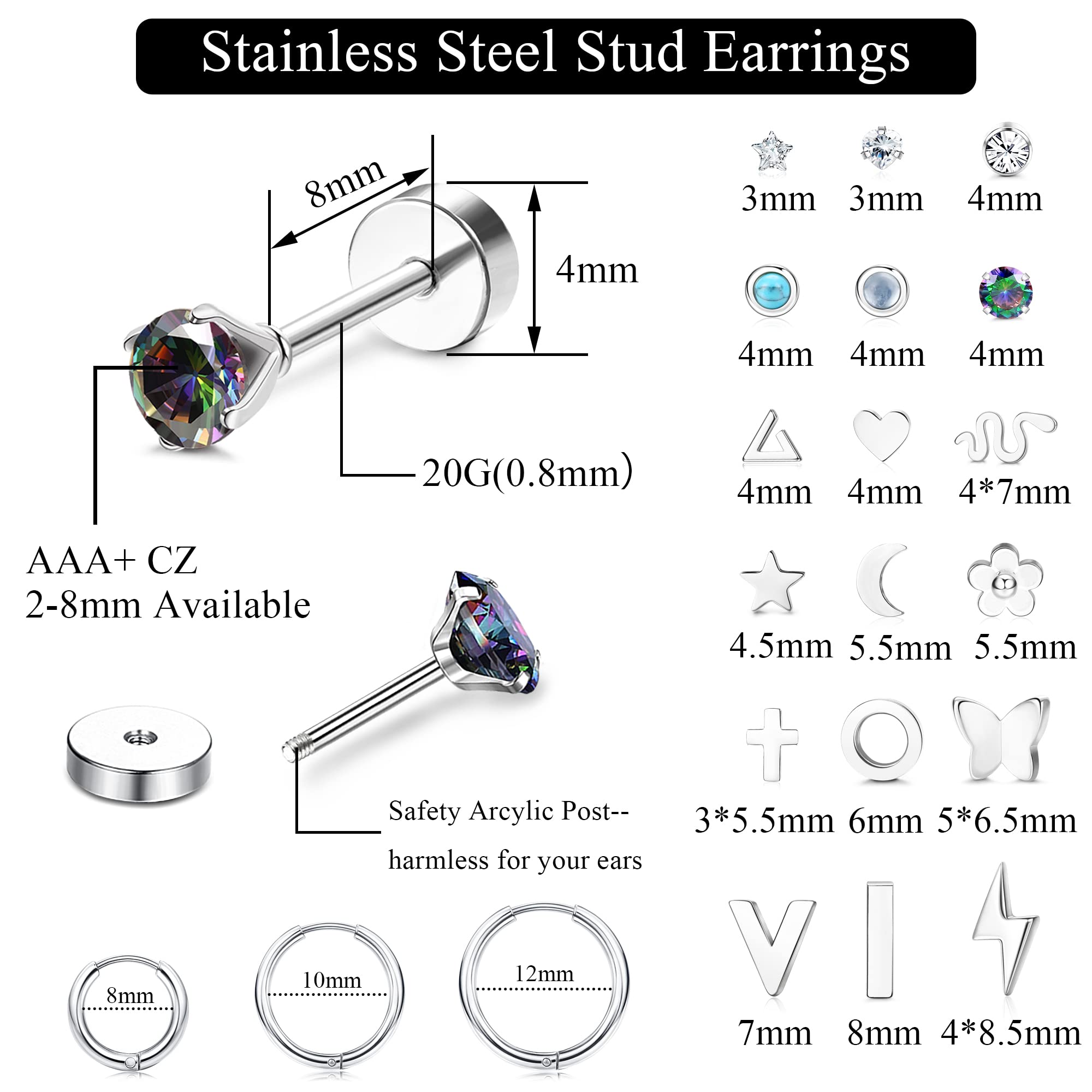 FIBO STEEL 21Pairs Flat Back Earrings for Women 20G Tiny Cartilage Earrings Stud Earrings Heart Butterfly CZ Tragus Daith Helix Ear Piercing Screw Back Earrings Pack Silver Tone