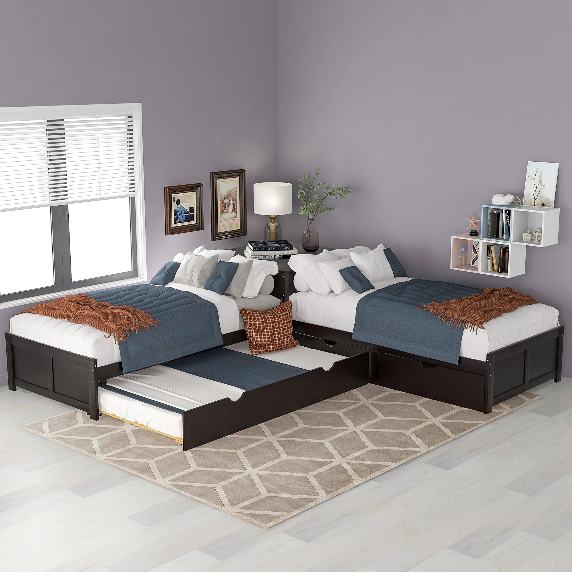 L-Shaped Platform Bed with Trundle, Twin Size Wooden Corner Platform Bed with Drawers Linked with built-in Desk, 3 Beds in 1 Design Platform Bed for Kids Teens, No Box Spring Required (Espresso 007)