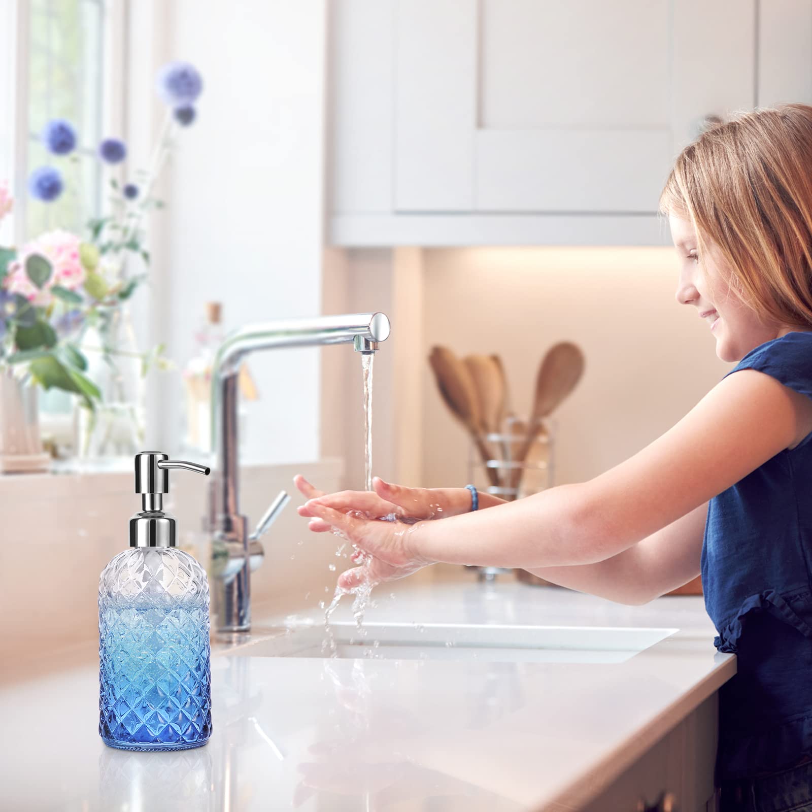 Glass Soap Dispenser, 14 Oz Hand Soap Dispenser Set with Rust Proof Stainless Steel Pump, Refillable Liquid Dish Soap Dispensers for Kitchen Sink Bathroom Commercial, Clear Blue Orange 2 Pack