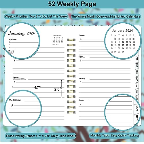 Dzhzal 2024 Planner Weekly and Monthly Planner , A5 8.5" x 6.1" Yearly January 2024 - December 2024 Spiral Bound with 12 Monthly Tabs, Hardcover with Elastic Closure, Wirebound, Thick Paper, Back Pocket