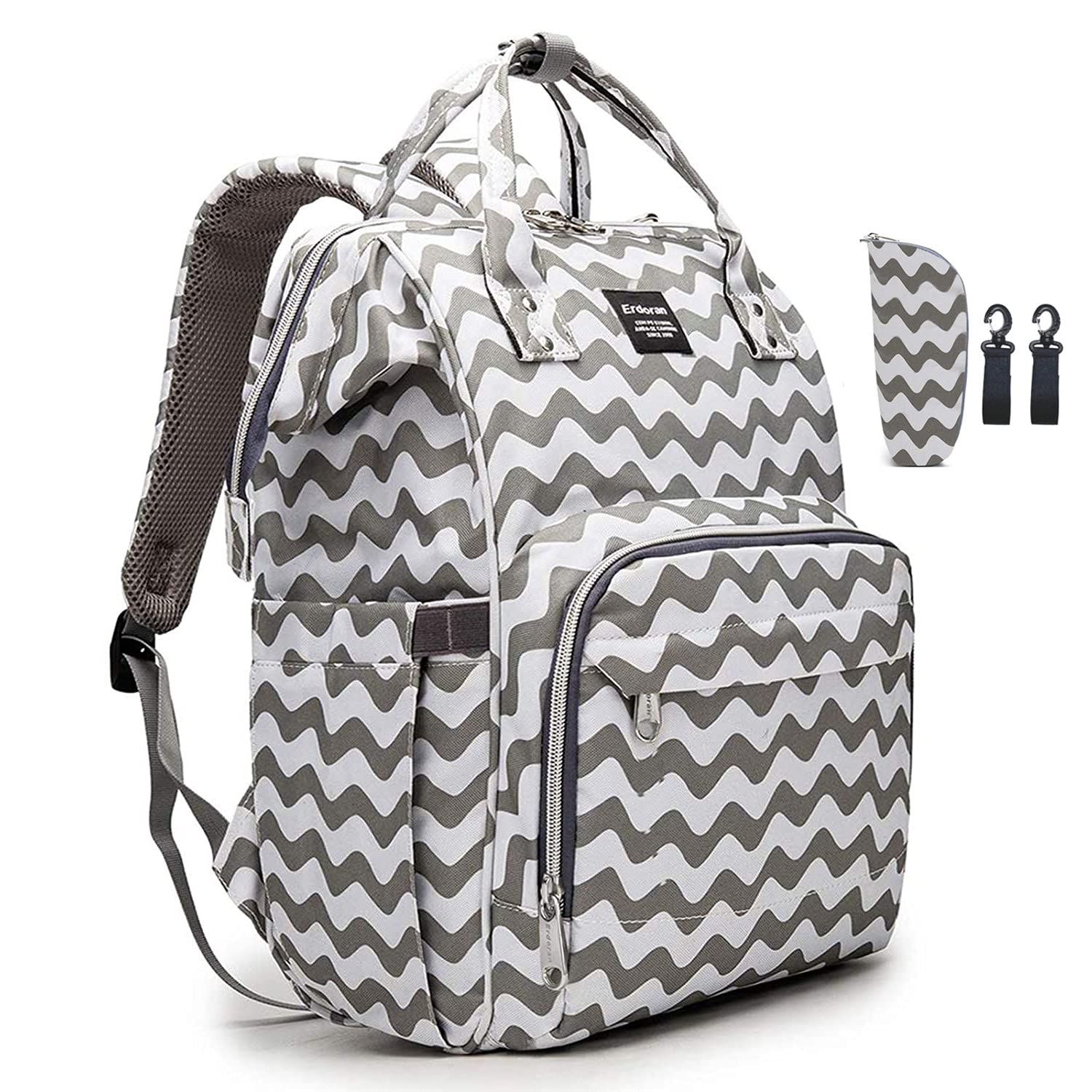 Erdoran Diaper Bag Backpack, Multifunction Waterproof Travel Backpack Maternity Baby Changing Bags with Insulated Pockets Stroller Straps and Built-in USB Charging Port, Large Capacity, Stripe