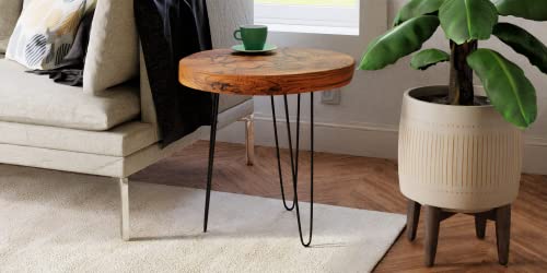 HEFT Solid Teak Wood Round Side Table - Handcrafted Circle Coffee Table for Living Room, Bedside, Office - Modern Accent Furniture with Lichtenberg Patterns - Black Metal Frame & Legs - Large