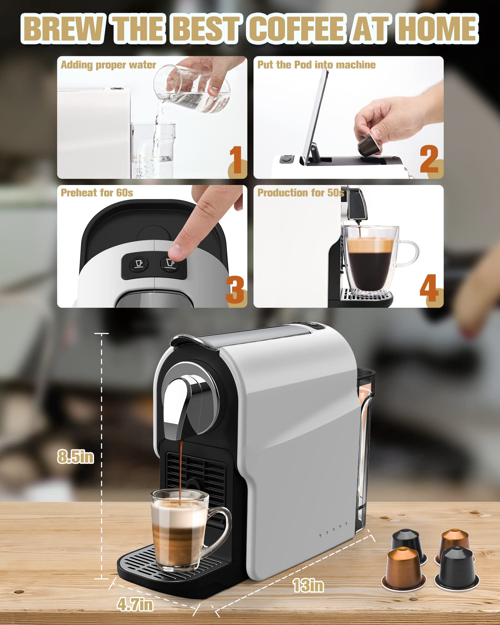 Espresso Machine, Coffee Machine for Espresso and Lungo, Compatible with Nespresso Capsules, Italian 20 Bar High Pressure Pump, 25 Oz Visible Water Tank, KM-C0518-W1