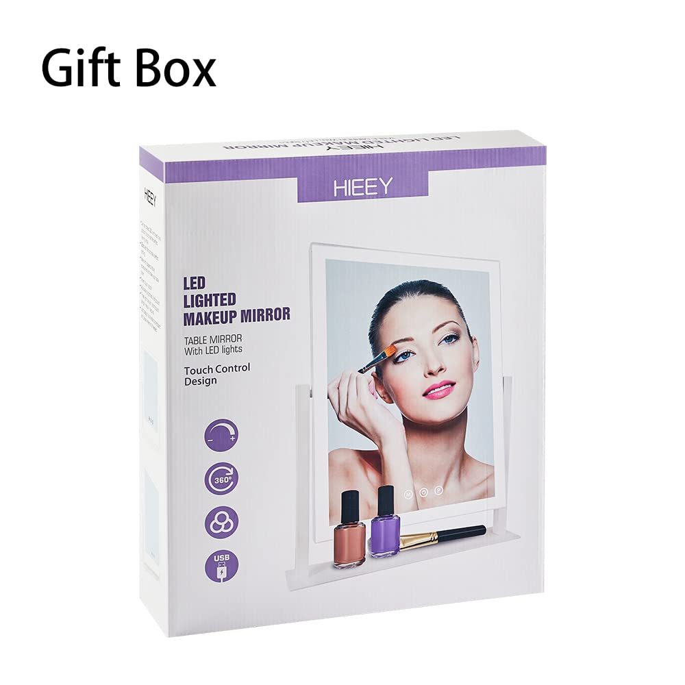 HIEEY Lighted Makeup Mirror, Hollywood Vanity Mirror with Lights, Three Color Lighting Modes, and 5X Magnification Mirror, Smart Touch Control, 360°Rotation (White,Gift Box)