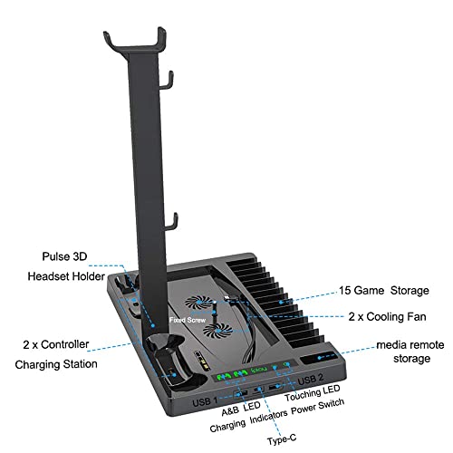 GOTRUTH Vertical Stand for PS5 with 2 Charging Station, 2 Cooling Fan with 15 Game Storage, 1 Pulse 3D Headset Holder, 1 Media Remote Storage