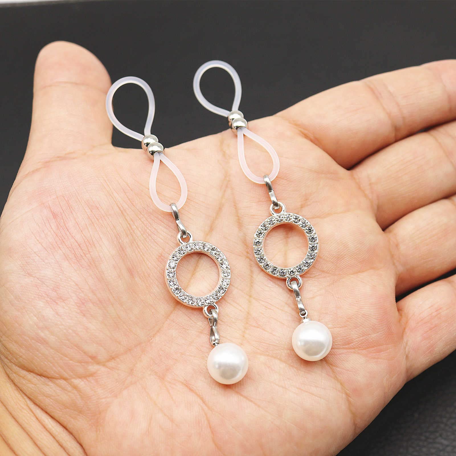 Faux Nipple Piercing Jewelry Non Pierced Nipple Chains with Choker Pearls Dangle Nipple Rings-b