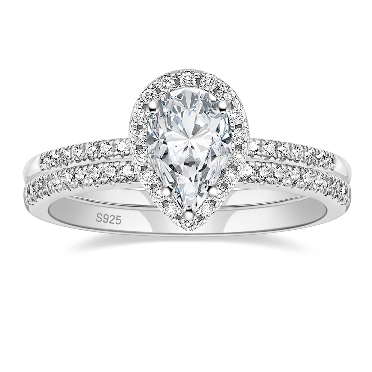 EAMTI 1.5CT 925 Sterling Silver Wedding Band Teardrop Bridal Rings Sets Halo Cubic Zirconia Solitaire Promise Engagement Rings for Women Size 6