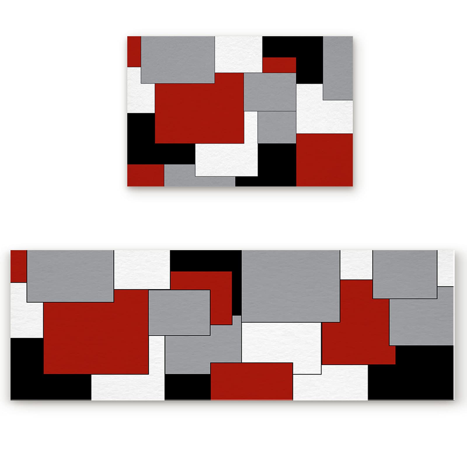 Geometry Abstract Art Kitchen Rugs Sets 2 Pcs Floor Mats White Grey Black Red Modern Art Geometric Doormat Non-Slip Rubber Backing Area Rugs Carpet Inside Door Mat Pad Sets,16"x 24"+16"x47"