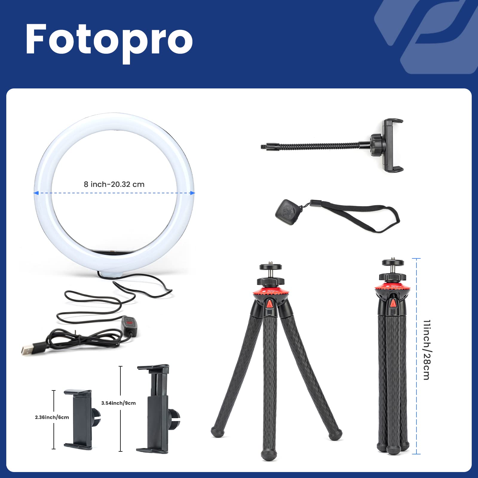 Fotopro 8'' Ring Light Tripod Stand, Selfie Ring Light with Phone Mount Holder and Remote Led Dimmable Ringlight with Flexible Mini Tabletop Tripod for Makeup Vlogging Video Live Streaming
