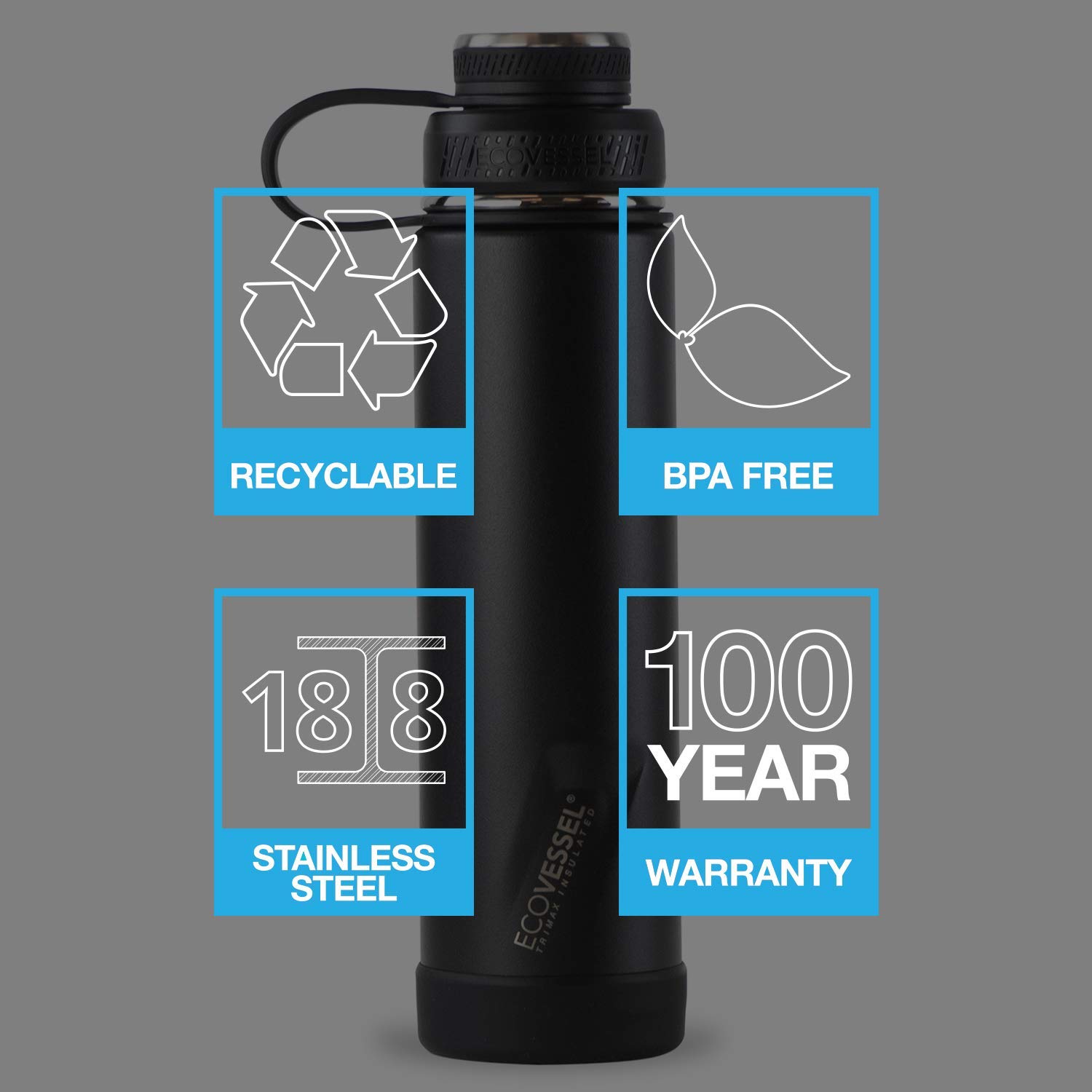 EcoVessel Boulder Vacuum Insulated Water Bottle with Fruit and Ice Strainer, 20oz Stainless-Steel Travel Thermos for Hot and Cold Drinks