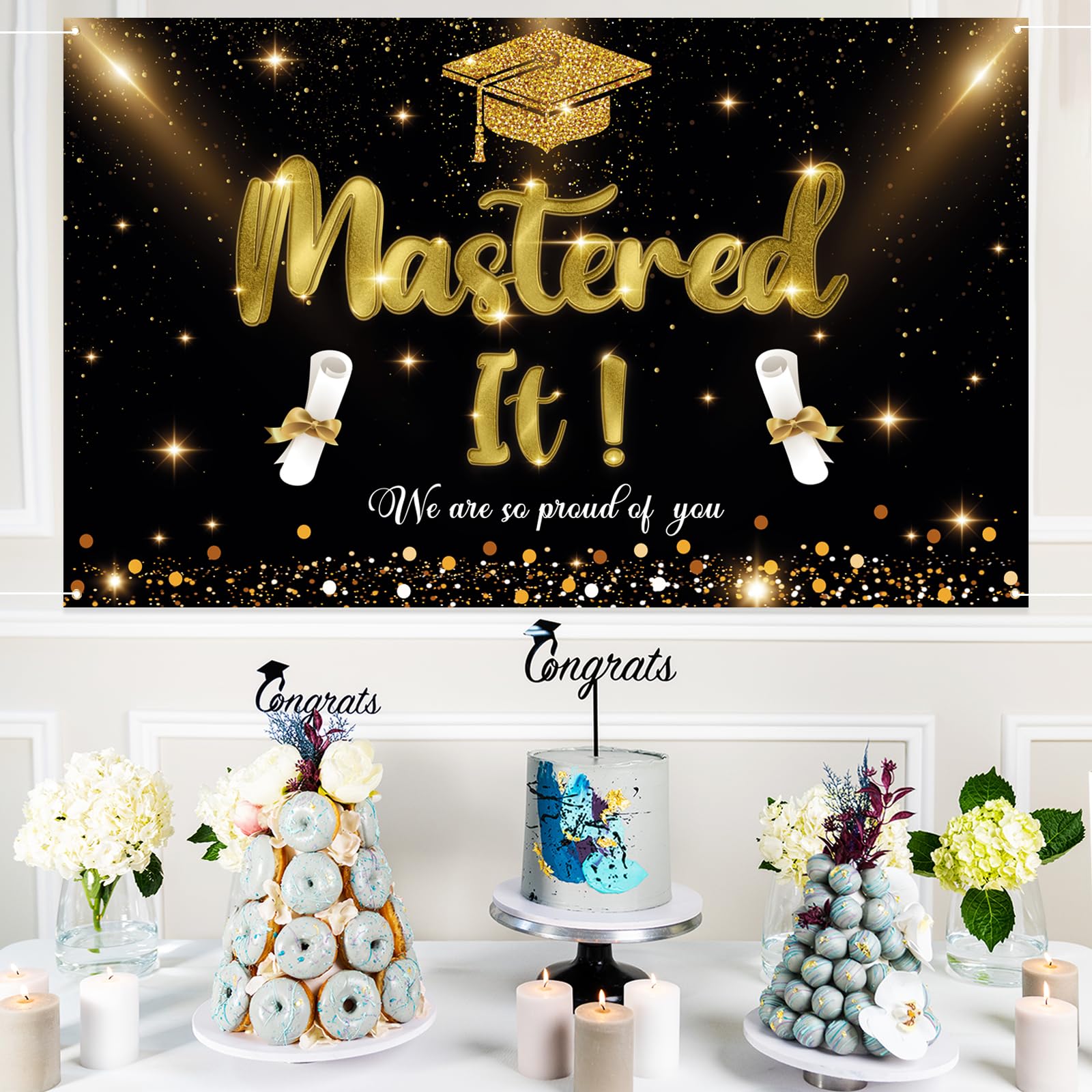 Labakita Mastered It Backdrop Banner, Masters Graduation Decorations, Masters Degree Graduation Banner, Graduation Decorations 2024, Graduation Party Indoor/Outdoor Decorations(Black and Gold)