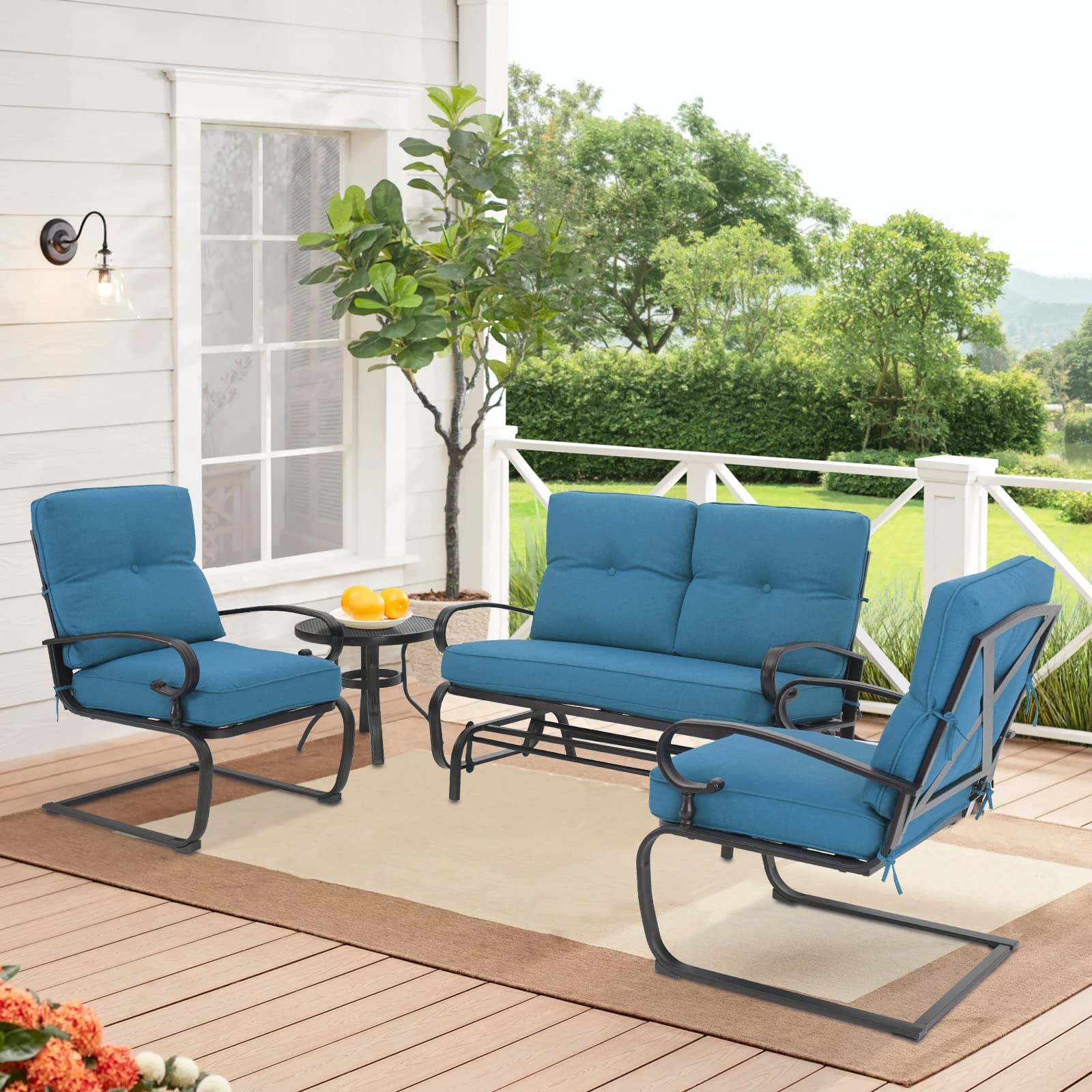 Incbruce 4Pcs Outdoor Metal Furniture Patio Conversation Sets (Glider, Bistro Table, 2 Spring Lounge Chairs) - Wrought Iron Outdoor Glider Chairs Sets (Peacock Blue)