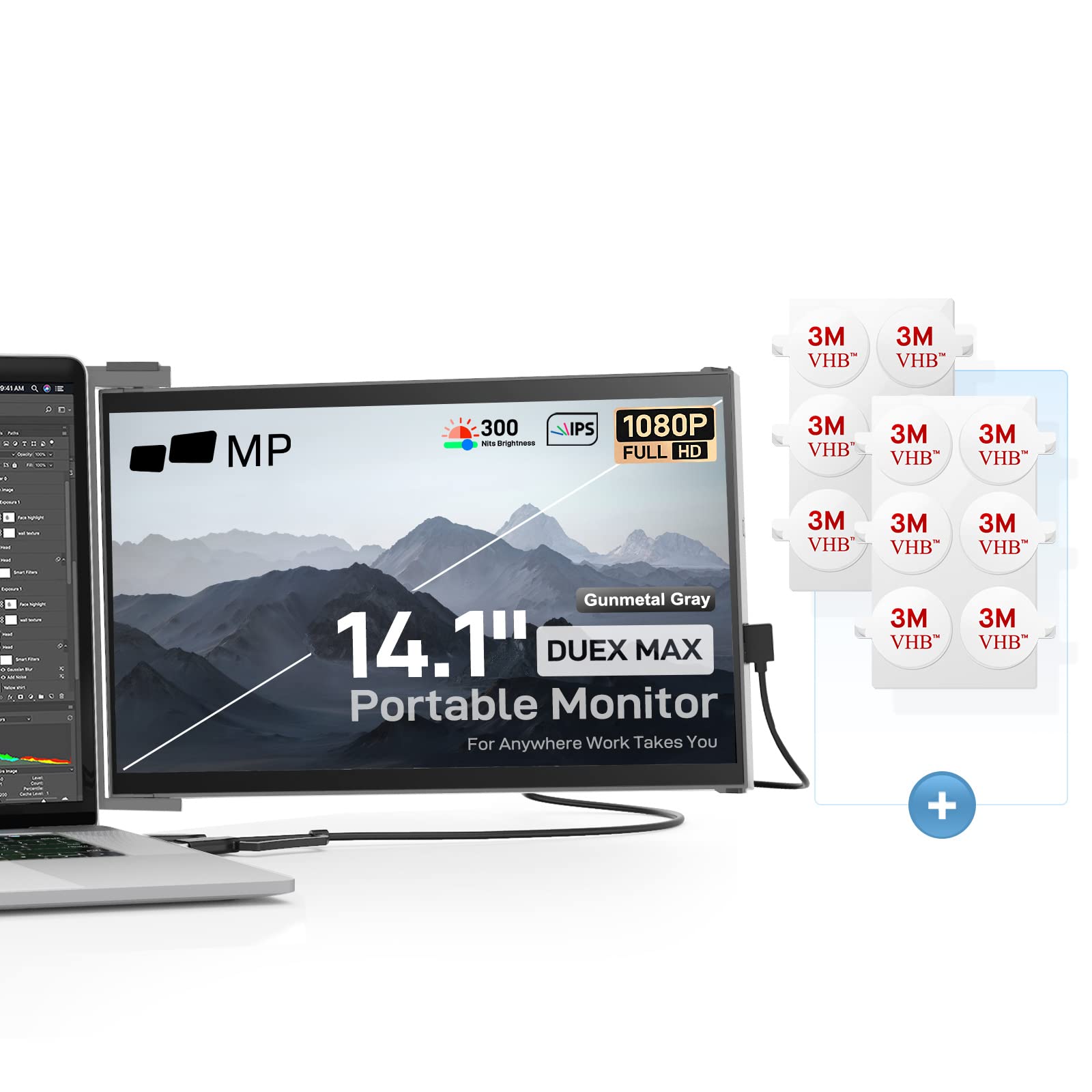Duex Max Grey Portable Monitor with Adhesive, New Mobile Pixels 14.1" Full HD 1080P IPS Auto Rotated Laptop Screen Extender, USB A/Type-C USB Powered Plug and Play (1 Max Grey and 12* Adhesive)