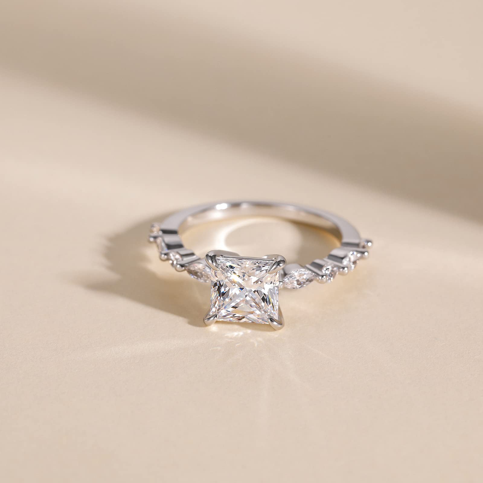 EAMTI 2CT 925 Sterling Silver Ring Princess Cut CZ Engagement Ring Marquise & Round Cubic Zirconia Wedding Band For Women Size 7