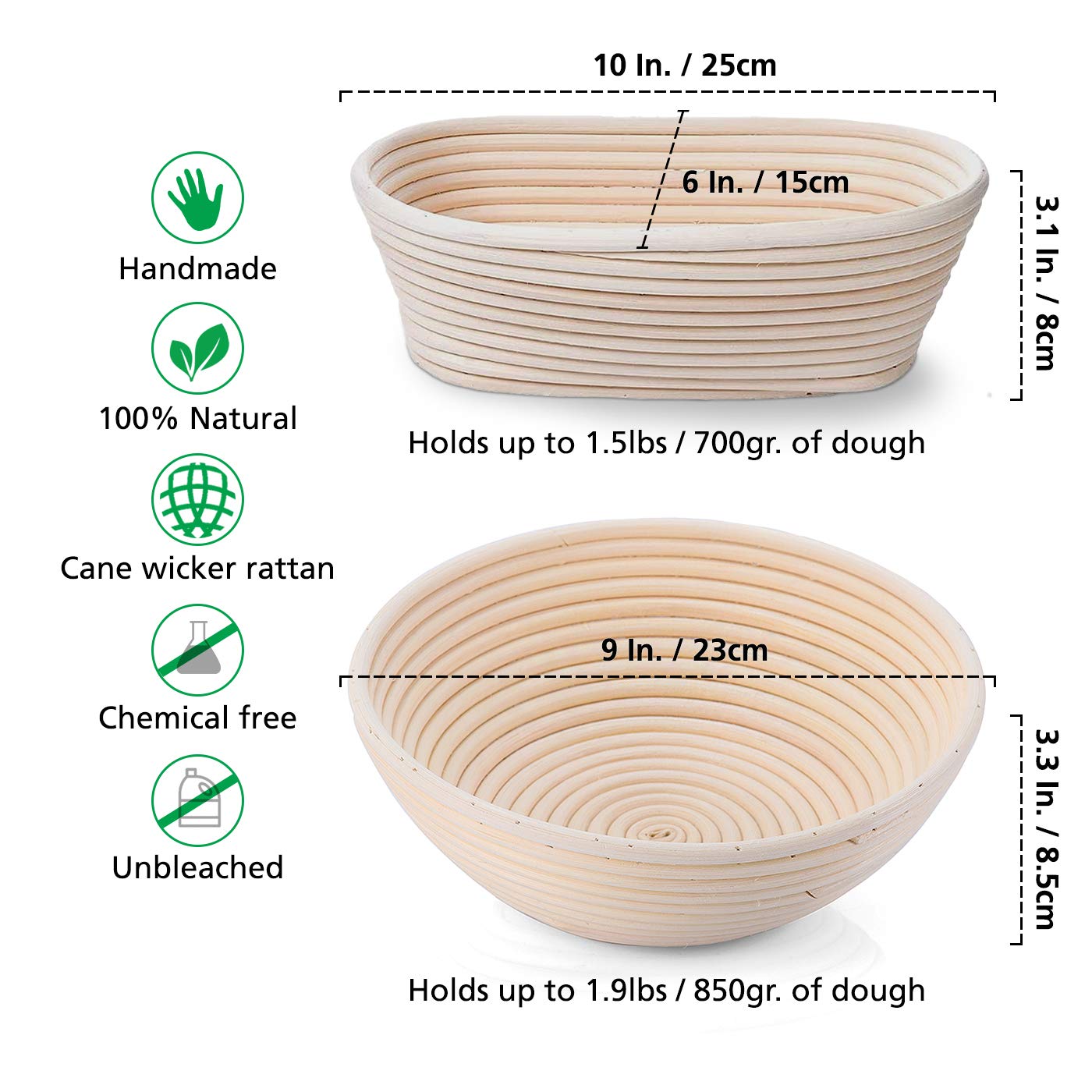 HOMEADOW Banneton Bread Proofing Basket - Perfect Gift - 11 Pcs Kit: 10' Oval + 9' Round Brotform, Liner, Bread Lame, Bench Scraper, Dough Scraper, Stencils, Baking Mat, Bread Bag, Brush | Sourdough