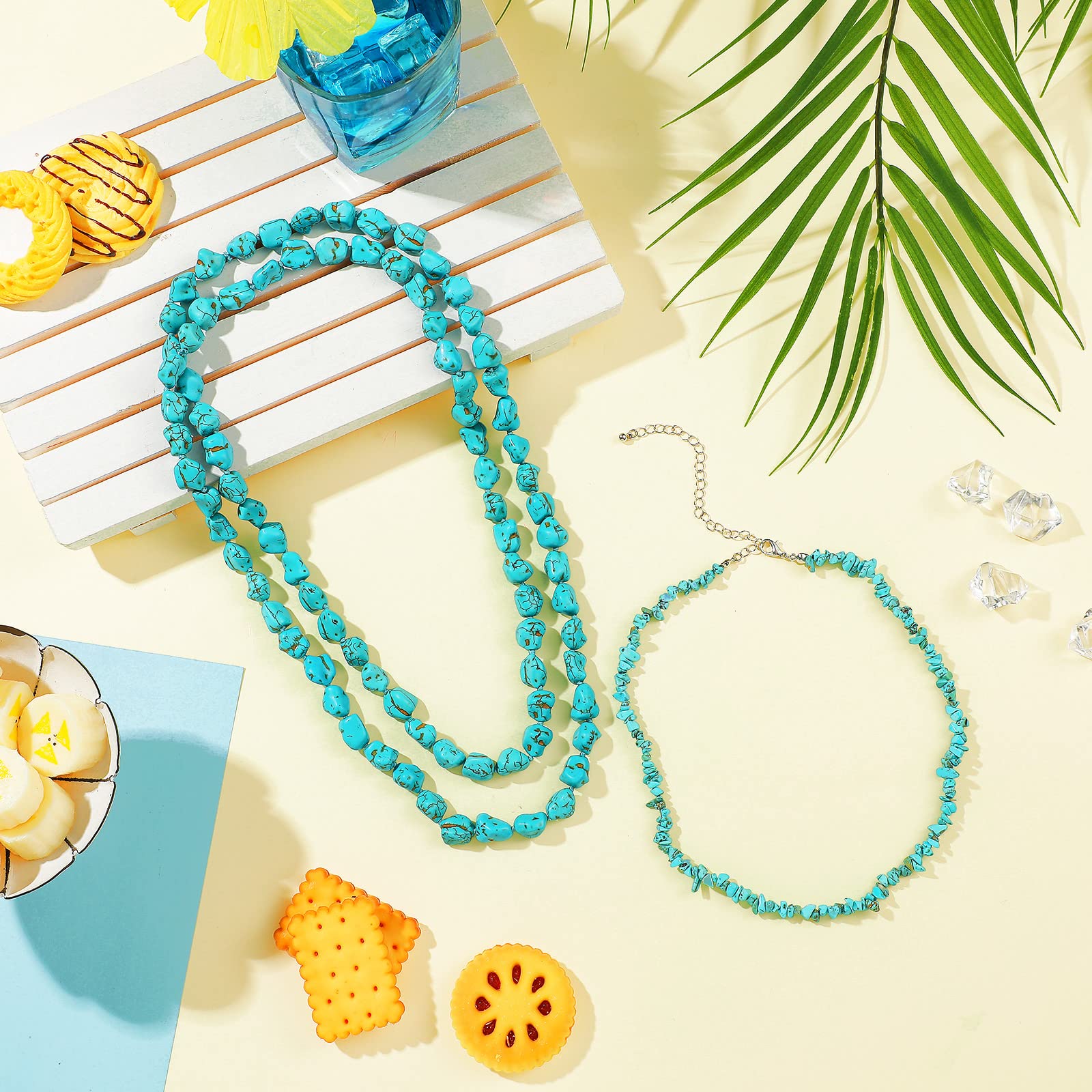 Glenmal 2 Pieces Long Turquoise Beads Endless Necklace Turquoise Choker Necklace Boho Western Necklaces for Women Handmade Turquoise Jewelry, 47'' and 14''