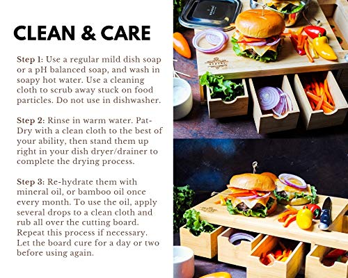 ecozoi Bamboo Cutting Board with 4 Slide Out Drawers with 4 Bamboo Lids for Easy Storage, Non Slip Meal Prep Station, Chopping Board, Wooden Butcher Block with Juice Groove and 2 Bonus Graters