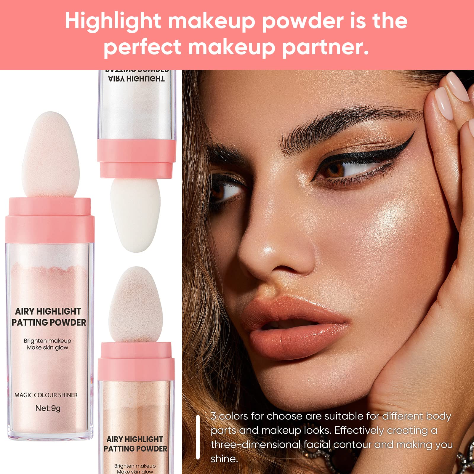 Highlighter Makeup Powder, Face and Body Highlight Patting Powder, Makeup Tool for Body Brightens Three-Dimensional Face Powder Makeup, 3Color