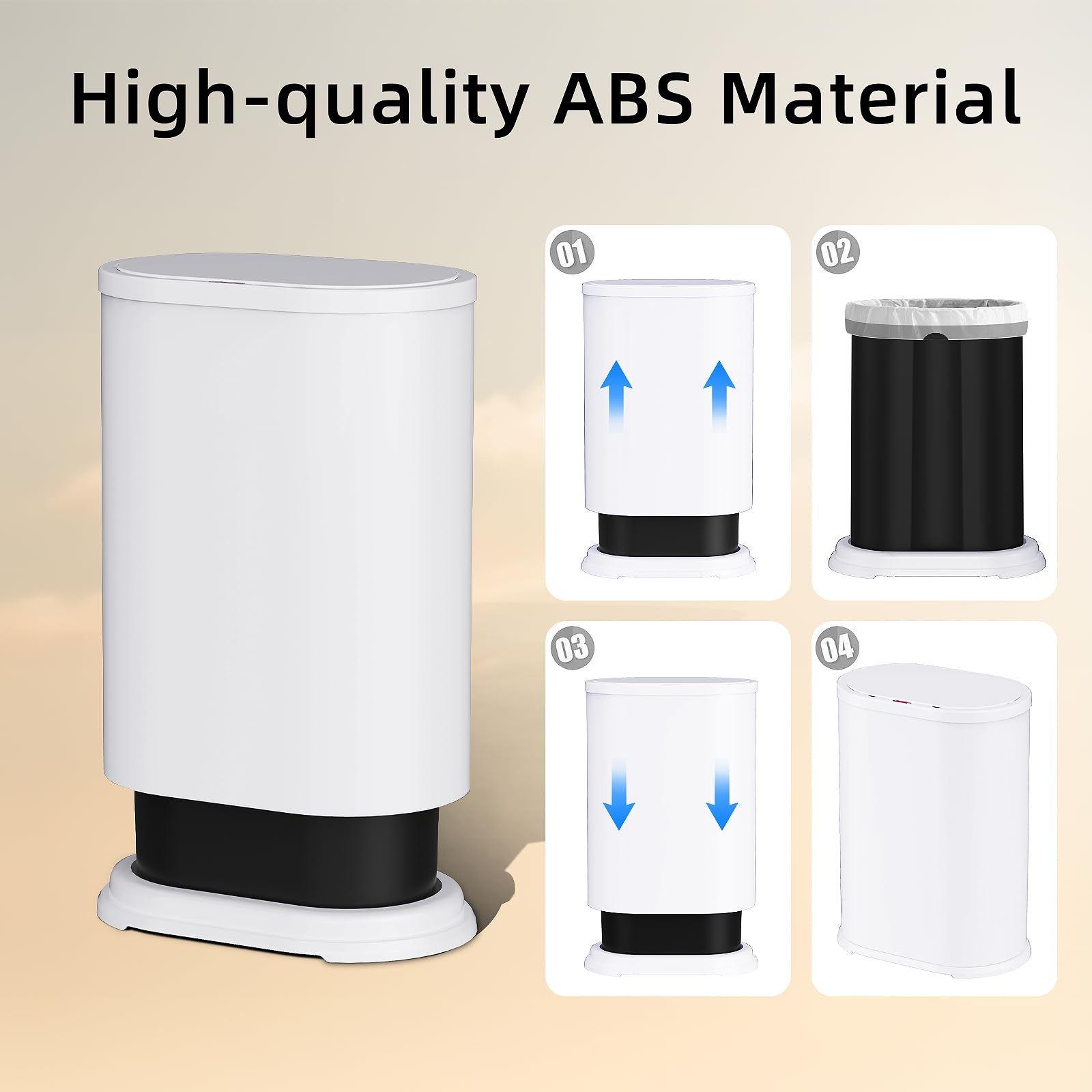 KUK Stainless Steel Bathroom Trash Can Automatic Touchless with Removable Inner Bucket, Waterproof, 1.6 Gallon Smart Trash Can with Lid for Bathroom Bedroom, Office - White
