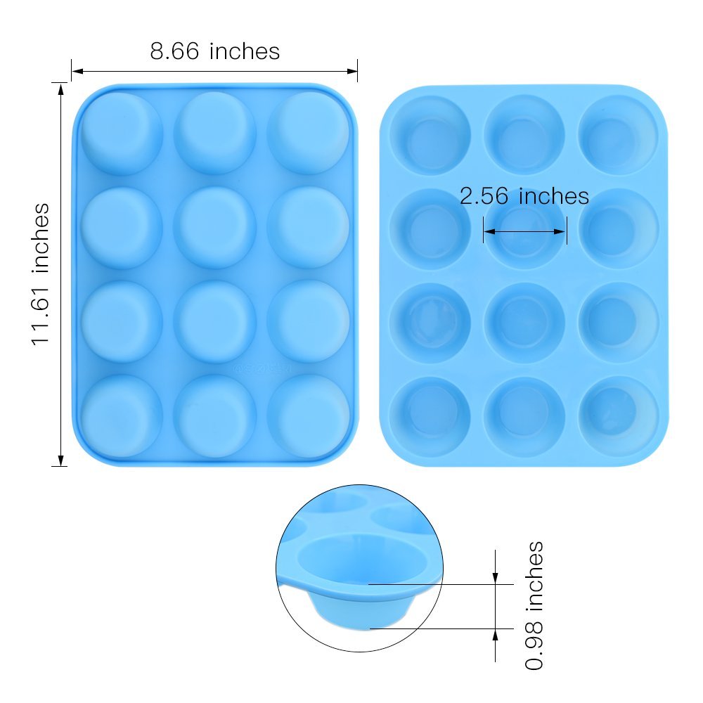 homEdge 12-Cup Silicone Muffin Pan, Pack of 3 Non-Stick Muffin Molds, Baking Pan for Cupcake, Tarts, Egg Bites-Blue