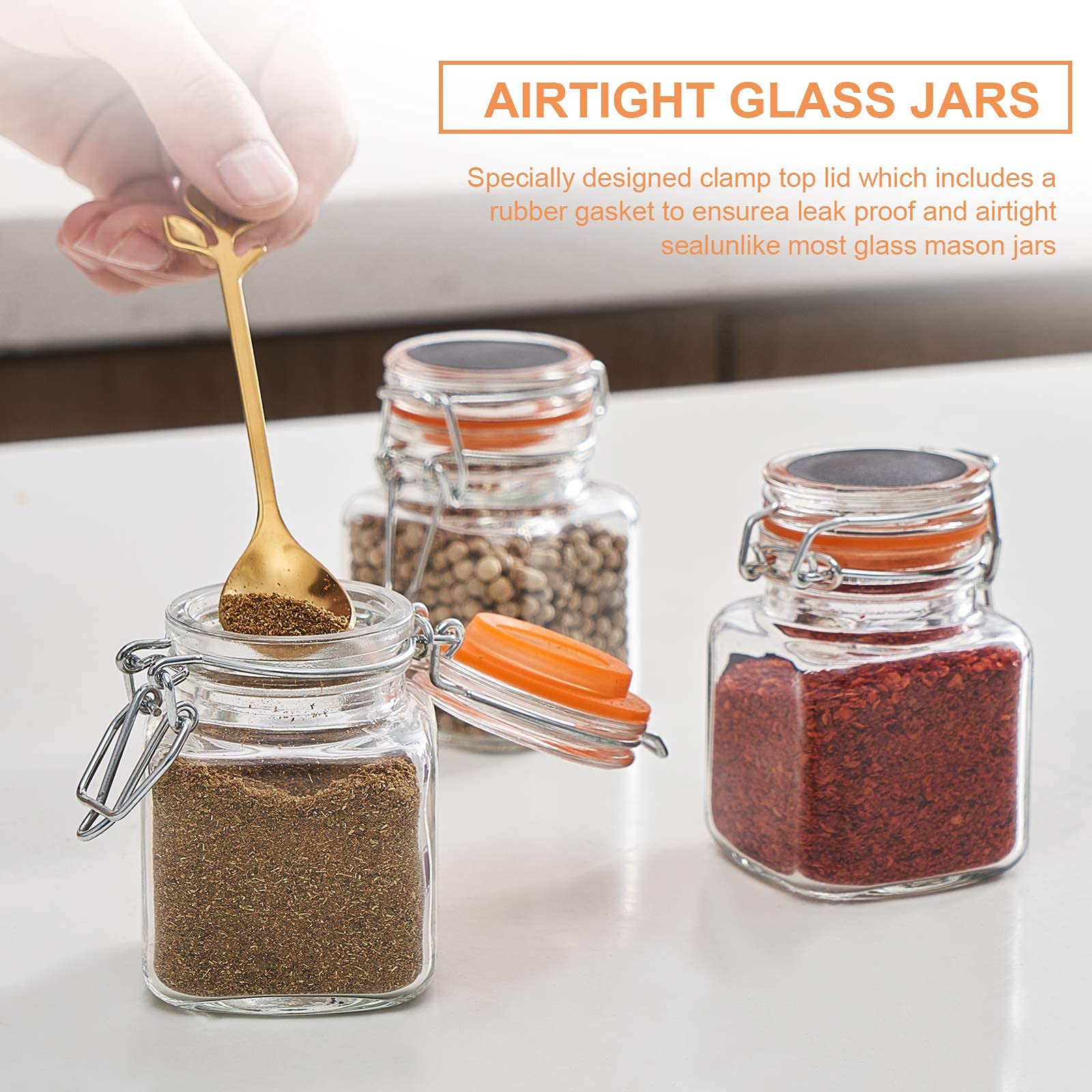 Homelike Style 3.4 oz Small Glass Spice Jars, Empty Mini Square Glass Spice Bottles with Airtight Flip Top Lids, Chalkboard Labels and Collapsible Funnel for Home and Kitchen-24 Pack