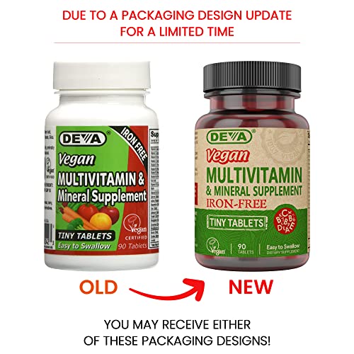 DEVA Tiny Tablets Vegan Multivitamins for Women & Men, Multivitamin Iron Free, Mineral Supplement, Vitamin C, Vitamin B Complex, Vitamin B12, Vitamin E, Zinc, Gluten free, 90 Tablets