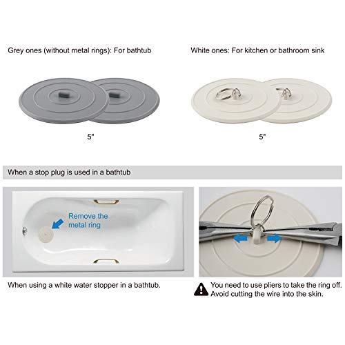 Hibbent 4 Pack Bath Tub Stopper, Flat Suction Sink Stopper Rubber Silicone Shower Drain Bath Plug Stopper for Kitchen, Bathroom and Laundry Sink (White-Grey)