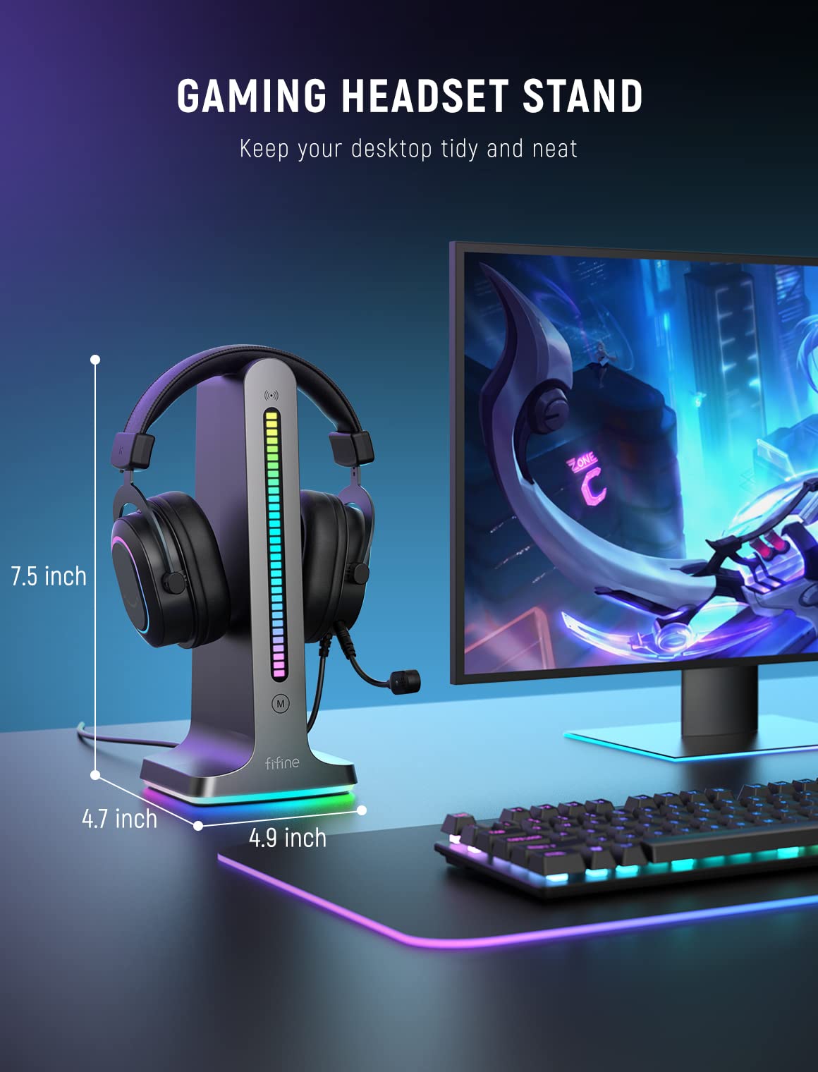 FIFINE Gaming Headset Stand-RGB Headphones Stand Holder PC Computer Desktop Accessories with 2 USB Ports for Gamer, with Solid Base, Sound Light Sync, Light Control Keys-AmpliGame S3